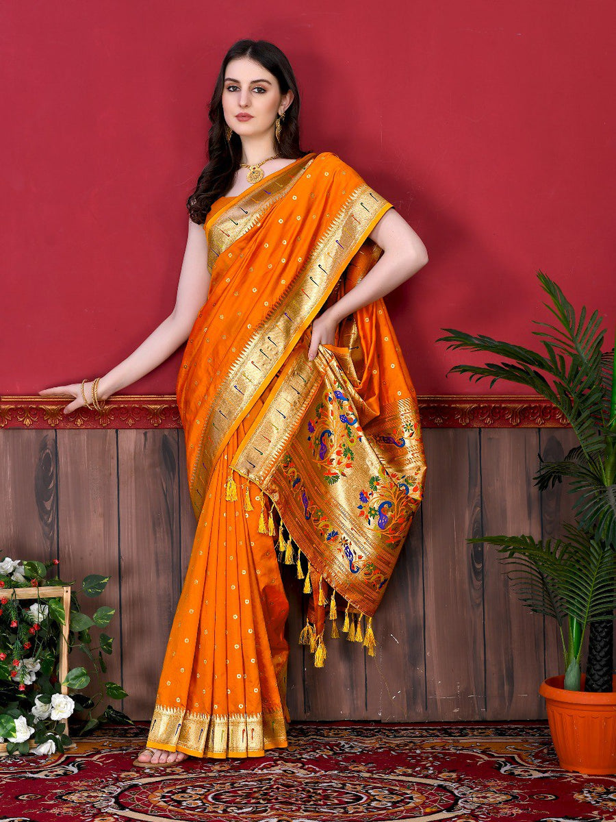 Charming Orange Paithani Silk Saree With Ethnic Blouse Piece ...