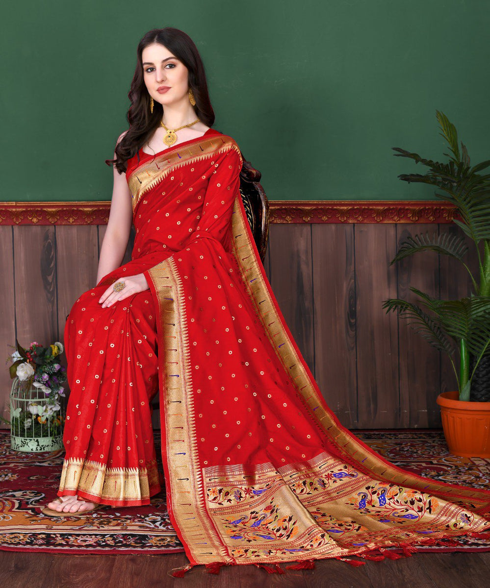 Beautiful Red Paithani Silk Saree With Ethnic Blouse Piece – LajreeDesigner