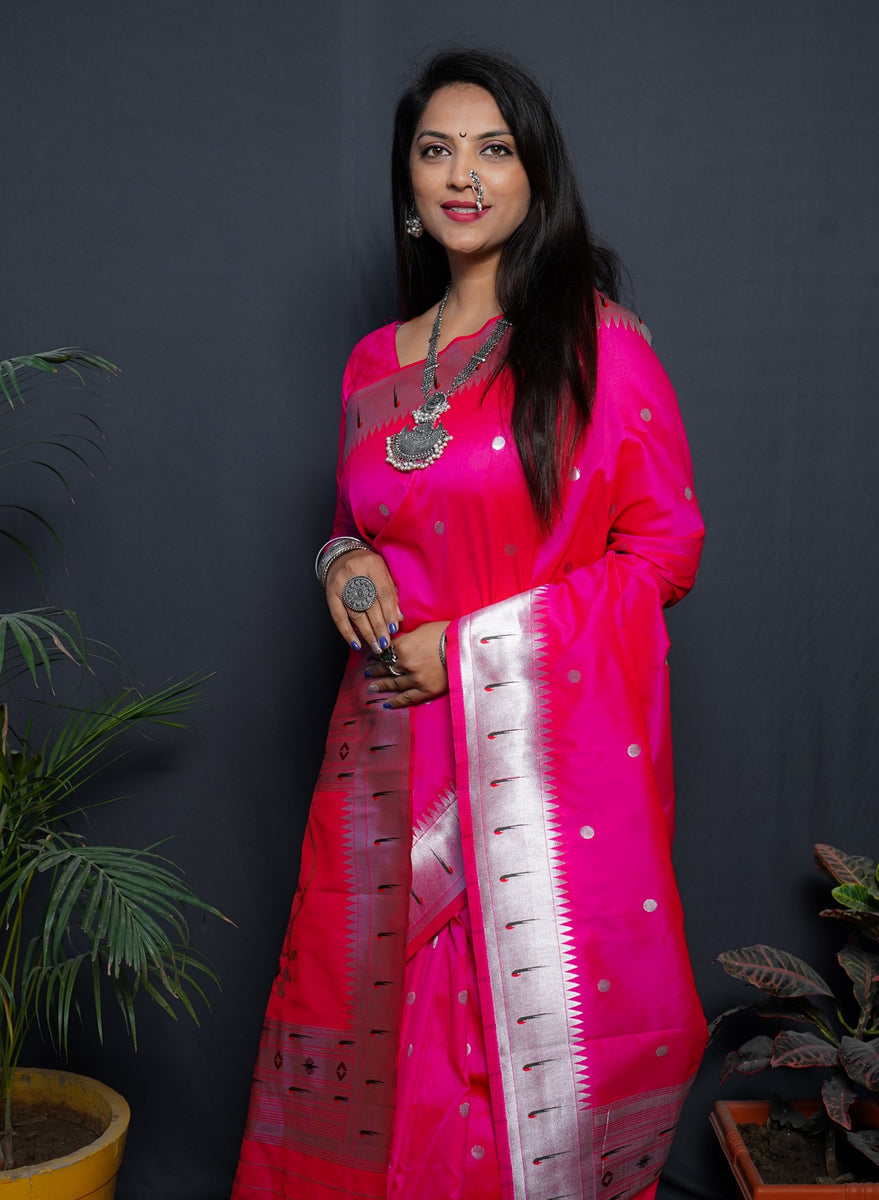 Comely Dark Pink Paithani Silk Saree With Angelic Blouse Piece ...